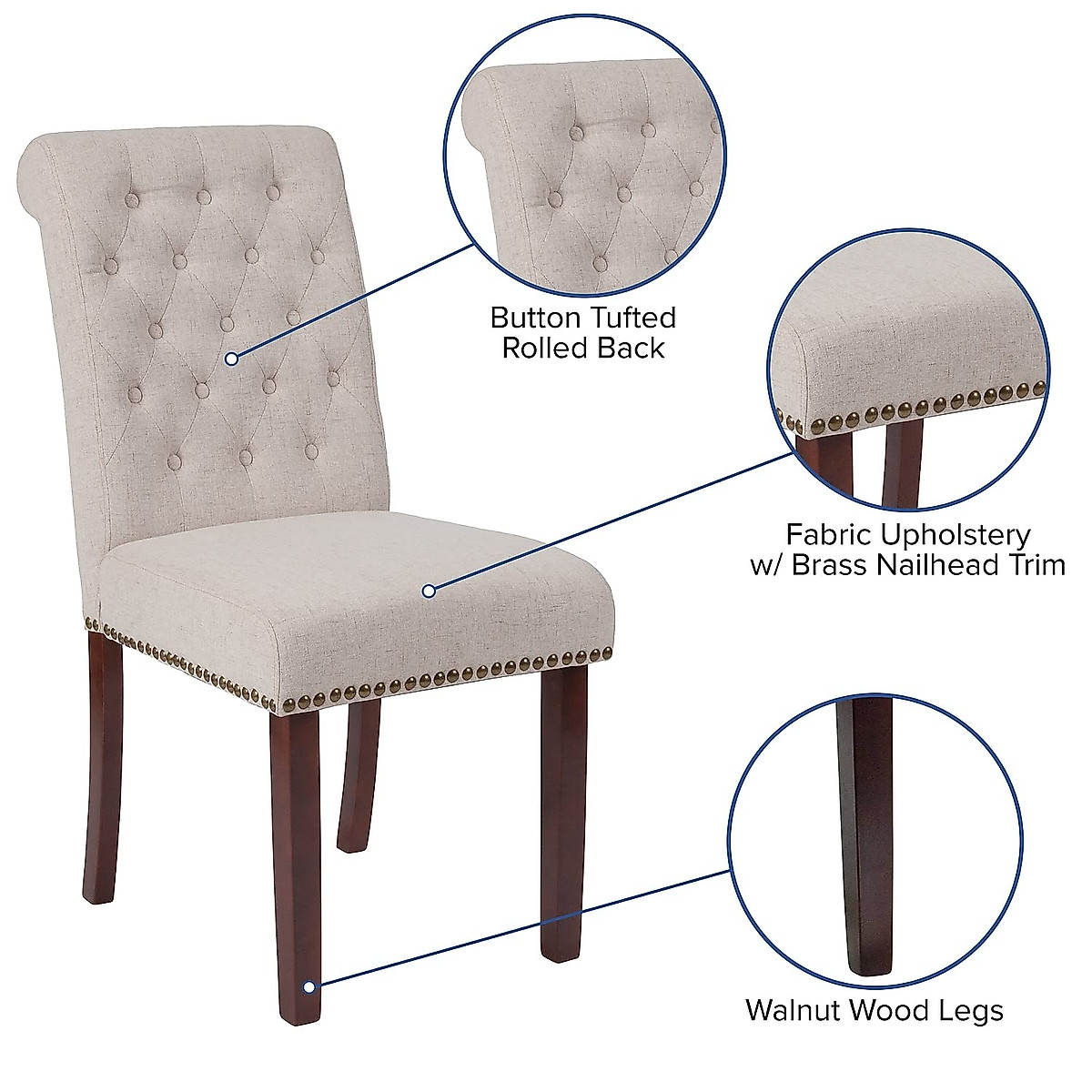 Flash Furniture HERCULES Series Beige Fabric Parsons Chair with Rolled Back, Accent Nail Trim and Walnut Finish
