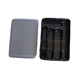 Utensil and Silverware Organizer tray for drawer with cover -Cutlery Flatware Organizer with lid - for kitchen drawer, BBQ, picnic, Covered flatware tray,5 Compartments - Plastic (BLACK)