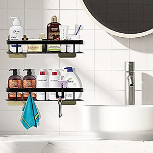 Shower Caddy, Rustproof Black Bathroom shower organizer,Stainless Steel Shower Shelves with 3 Hooks,No Drilling Traceless Adhesive Shower caddy basket,Bathroom Shower Storage Organizer