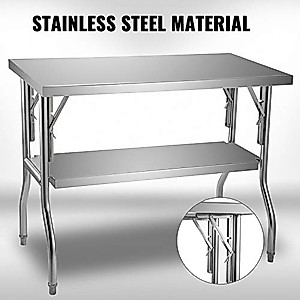 VEVOR 48x30 Inch Commercial Prep, Double-Shelf Folding Work Table with 772 lbs Load Silver Stainless Steel Kitchen Island, 30 x 48 Inch