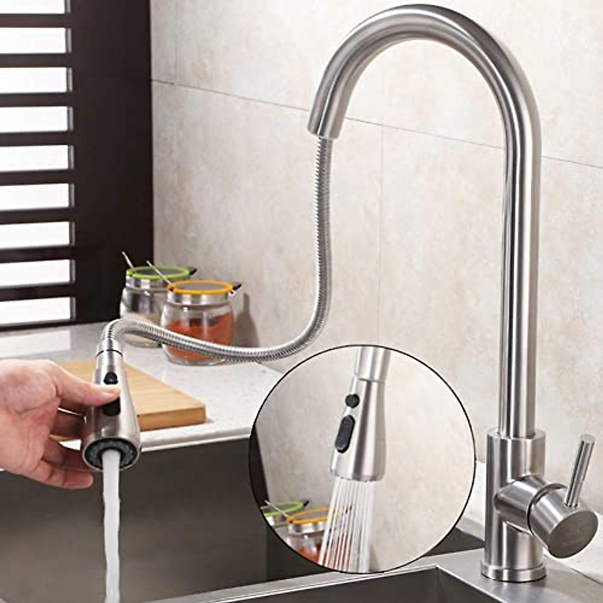 Pull Down Faucet Spray Head, Kitchen Faucet Head Replacement Parts, 3-Function Kitchen Sink Faucet Kitchen Faucet Sprayer Head Replacement Kitchen Sink Spray Nozzle, Brushed Nickel