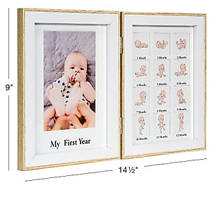 EXCELLO GLOBAL PRODUCTS Baby’s First Year Folding Picture Frame, Natural Wood Finish, Holds 1 4x6 Baby Photo, 12 Monthly Photos