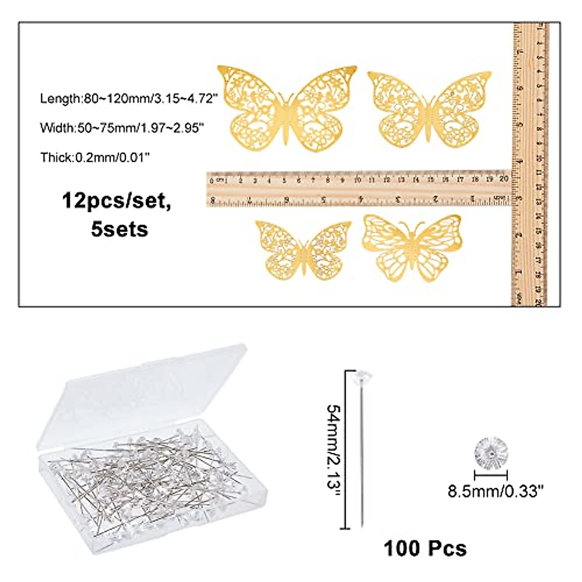 CHGCRAFT 160Pcs 5Styles Bouquet Wedding Corsages Pins 3D Gold Butterfly Wall Decor Include 100Pcs Head Pins 60Pcs 3D Gold Removable Butterfly Sticker for Birthday Party Wedding Garland