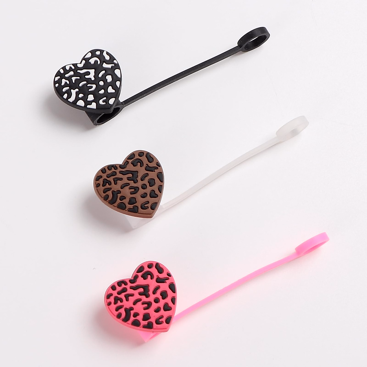 3Pcs Leopard Print Heart Silicone Straw Cover Cap for Stanley 40oz & 30oz Tumbler, 10mm Reusable Cute Drinking Straw Topper Accessories
