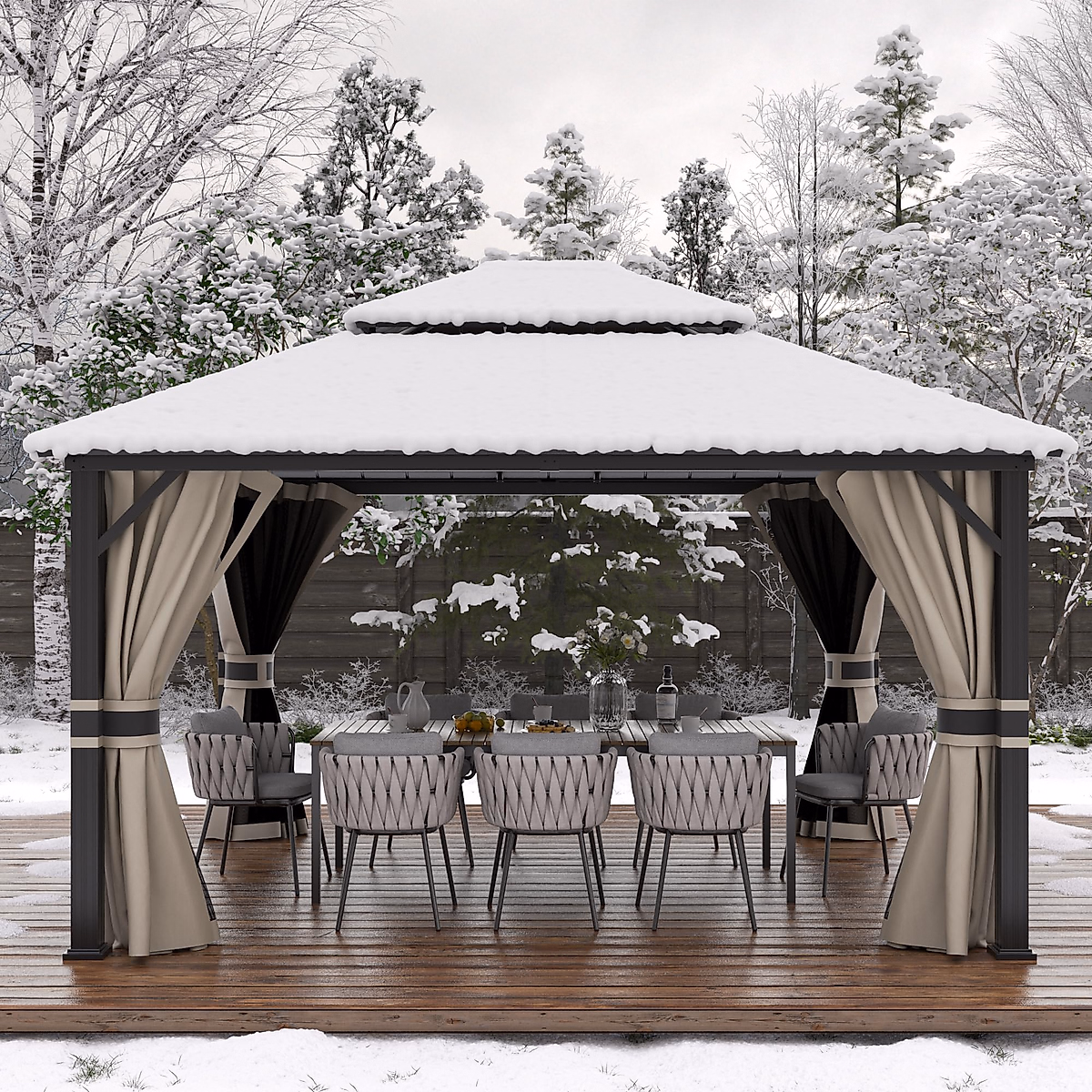 Amopatio 12' X 14' Hardtop Gazebo Permanent Aluminum Gazebos with Galvanized Steel Double Roof for Patio Lawn and Garden，with Curtains & Mosquito Netting