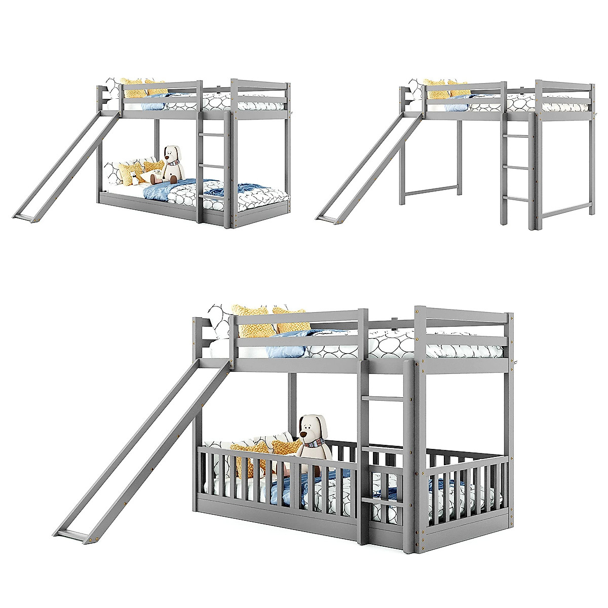 Harper & Bright Designs Twin Bunk Beds with Slide, Kids Wood Twin Over Twin Bunk Beds with Fence, Ladders, Safety Guard Rails for Kids, Toddlers, Teen, No Box Spring Needed (Grey)