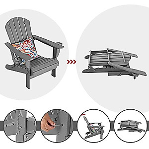 Sundale Outdoor Folding All Weather Heavy Duty Adirondack Chair with 2 Concealable Cup Holder and 1 Stylish Pillow/Cushion, Perfect for Outside Patio Garden Pool Yard Plastic Smoky Grey