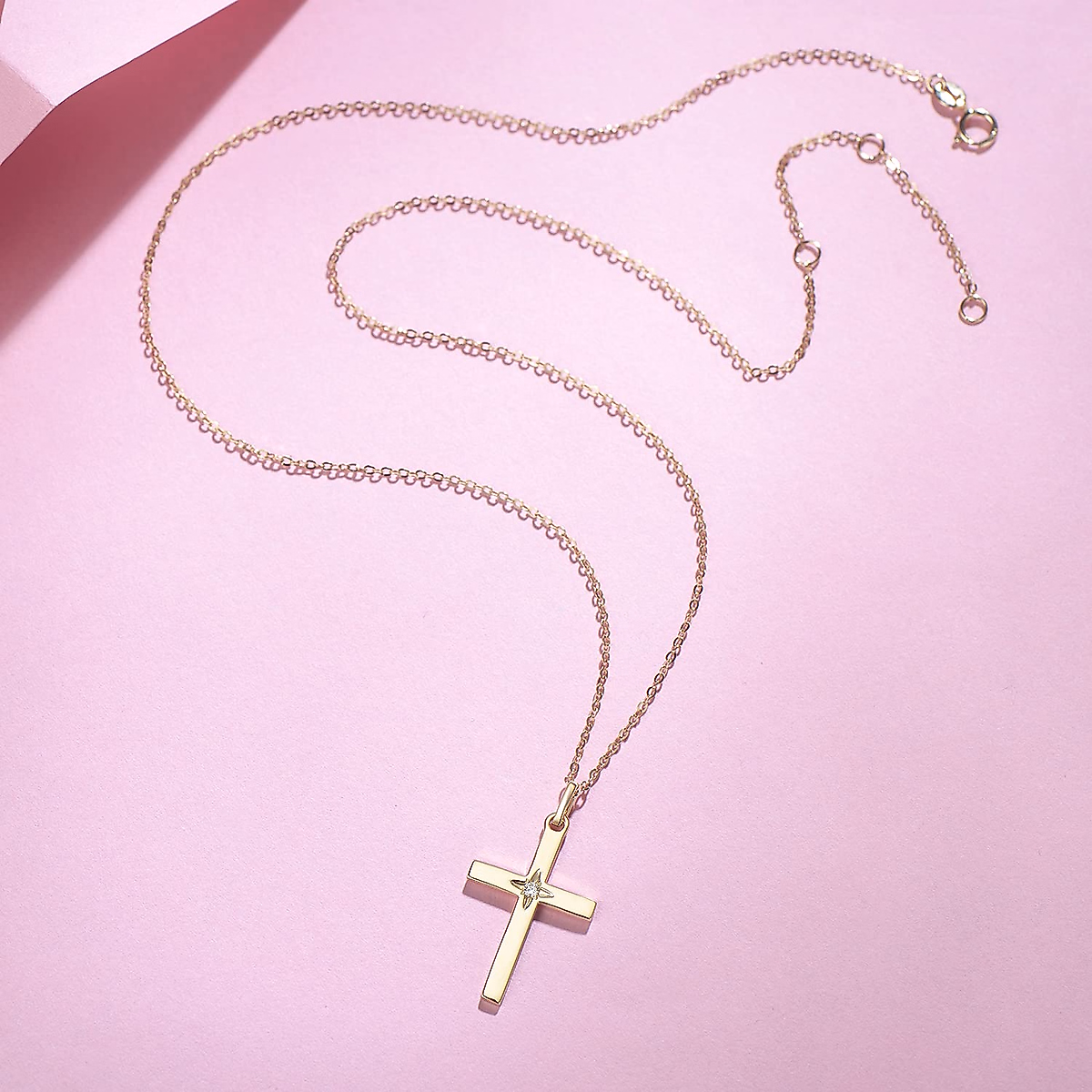 FANCIME 14K SOLID REAL Yellow Gold Star Natural Diamond 0.025ct Cross Crucifix Delicate Necklace Dainty Pendant Fine Jewelry Birthday Gifts For Women, With 16+2" Solid Gold Cable Chain