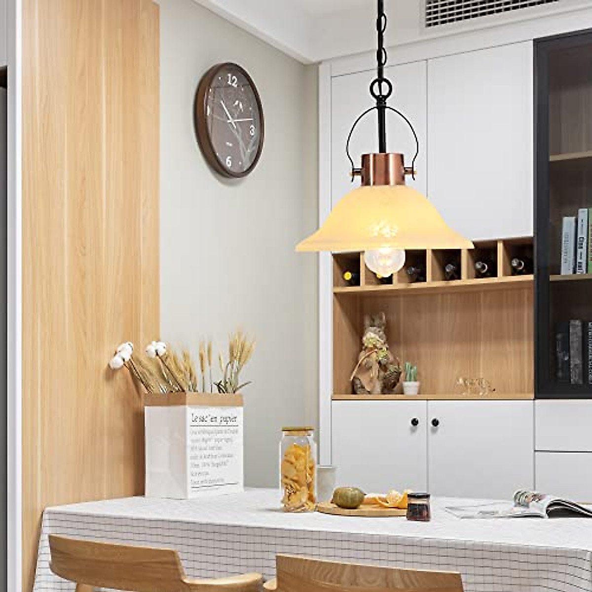 ANYONGLU Traditional Plug-in Pendant Lighting Fixture Amber Alabaster Glass Bowl Shade Antique Industrial Hanging Lamp for Kitchen Dining Room