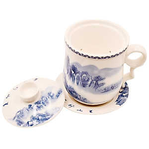 HODRME Chinese Porcelain Tea Mug-4 PCS Kit JingDeZhen Handmade Ceramic Kung Fu Tea Cup with Loose Leaf Tea Brewing System For Home Office Kitchen (Style B)