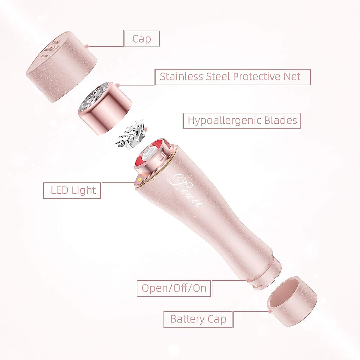 Facial Hair Remover for Women, Leuxe Painless Hair Removal Waterproof Shaver Razor with LED Light for Peach Fuzz Fine Hair Chin Cheek Upper Lip (Rose)