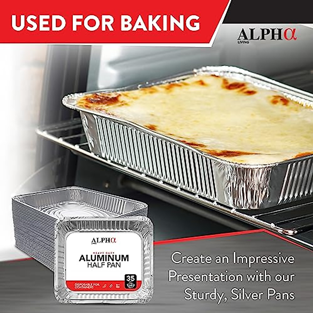 ALPHA LIVING 35 Pack Aluminum Foil Pans - Heavy Duty Aluminum Foil Baking Pan – Multipurpose Half Sheet Pans for BBQ, Oven, Freezer, Heating – Eco-Friendly Food Safe Oven Pan