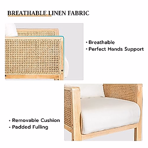 Bonzy Home Modern Velet Accent Chair with Rattan Arms, Comfy Armchair with Solid Wooden Legs, Upholstered Easy Assembly Wooden Single Sofa Reading Nook Chairs for Living Room Bedroom Office, White