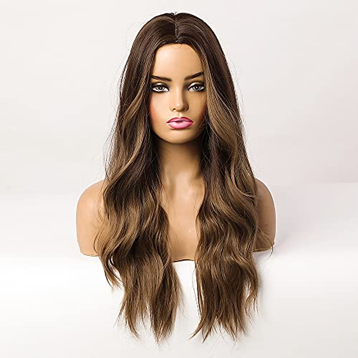 LEMONWIGS Long Natural Wavy Middle Part Brown Synthetic Wig for Women Heat Resistant Fiber Wigs