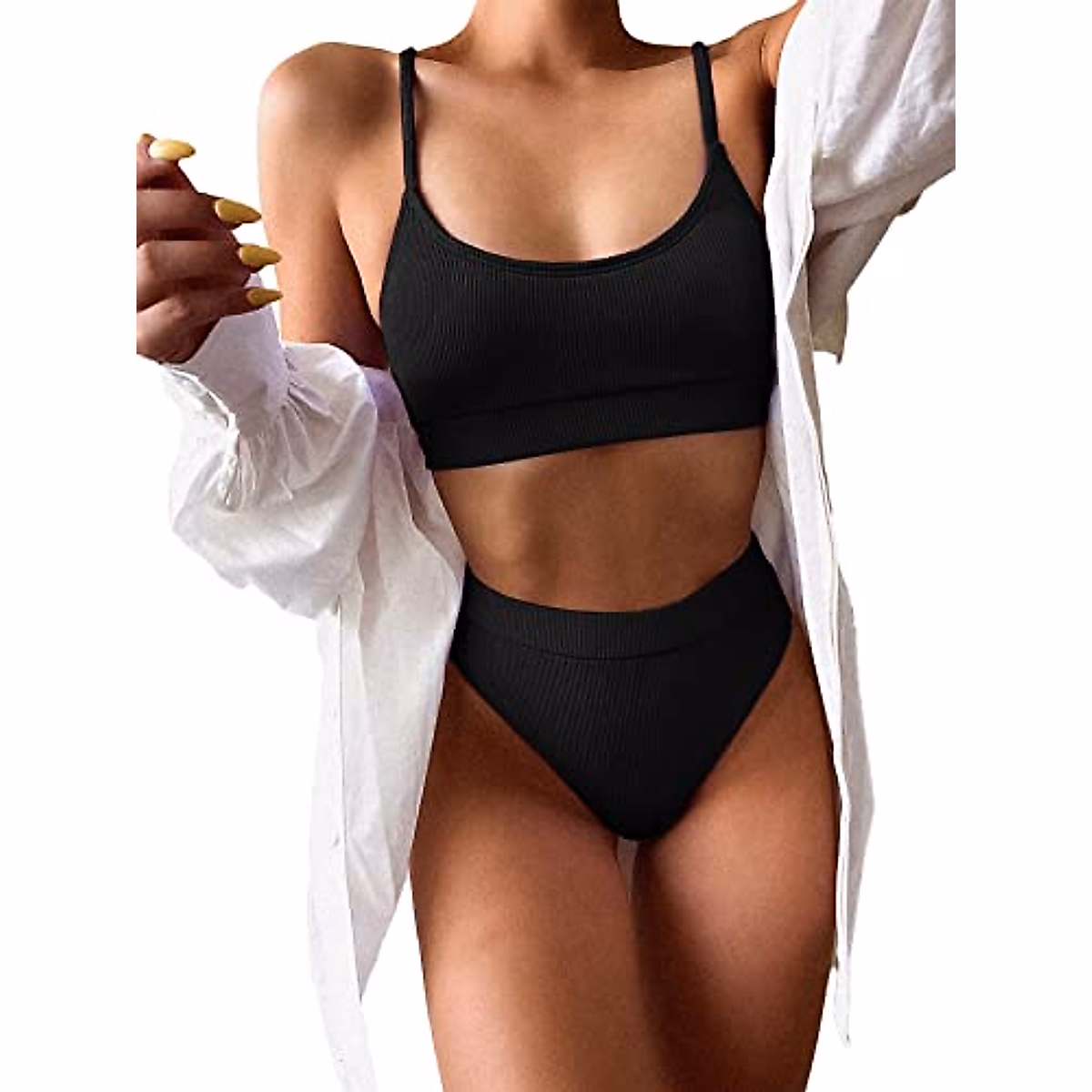 Lilosy High Waisted Tummy Control Bikini Ribbed Sporty Brazilian Swimsuit Set Women Highwaisted Cheeky Crop Push Up Top Cut Leg Rise Bottom 2 Piece Bathing Suit Black Medium