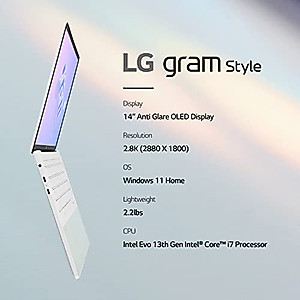LG gram Style 14” OLED Laptop, Intel 13th Gen Core i7 Evo Platform, Windows 11 Home, 32GB RAM, 1TB SSD, Dynamic White