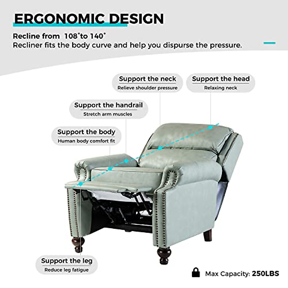 HULALA HOME Genuine Leather Recliner Chair, Classic and Traditional Push Back Recliner Chair for Living Room, Adjustable Leather Cigar Chair Recliner Vintage Sofa with Nail Head Trim,SAGE