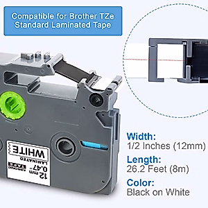 Absonic 6-Pack Tz Tape 12mm 0.47" Laminated White Compatible for Brother TZe-231 TZ-231 TZe231 P Touch Label Tape Tze 12mm White for PT-D210 PT-D220 PT-H110 PT-2040C PTD400 PTD600 PTD610BT Label Maker