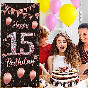 Lnlofen 15th Birthday Door Banner Decorations for Girls, Large 15 Year Old Birthday Party Door Cover Backdrop Supplies, Rose Gold Happy 15th Birthday Poster Sign