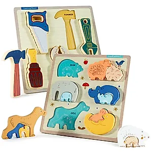 TOGELIN Wooden Puzzles for Toddlers 1-3, Baby Puzzles, Montessori Toys for Kids, Preschool Learning Toys for Boys and Girls-Animal & Tool