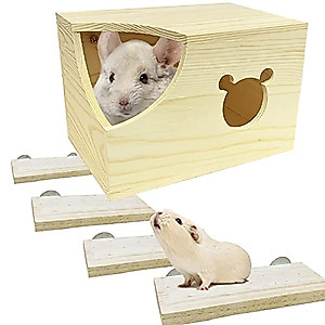 kathson Wood Chinchilla House Natural Handcrafted Guinea Pig Hideout Small Animals Hut with Window and Wooden Climbing Platform x 4 for Guinea Pigs Chinchilla Squirrel Hedgehog