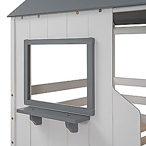 Lepfun Bunk Bed,Twin Over Twin Size Bunk Bed Wood Bed with House-Shaped Roof and Window for Bedroom,Guest Room and Dorm,Wooden Bunk Bed with Guardrail and Ladder,No Box Spring Needed,White