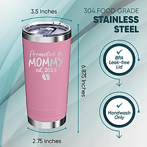 shop4ever Promoted to Mommy Est. 2025 Tumbler Insulated Tumbler 20 oz. with Lid, Stainless Steel Cups Travel Coffee Mug New Mom Pregnancy Announcement Gift (Light Pink)