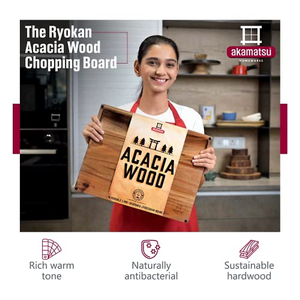 AKAMATSU HOMEWARES | RYOKAN Acacia Wood Cutting Board | Edge Grain XL Cutting Board with Deep Juice Well | 17x13.2x1" Charcuterie Board Serving Platter with Sorting Compartments | Sustainable Gift Box