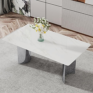 Gnrolaz 71" Dining Table, Imitation Marble Dining Table Set for 4 6 8, Glass Tabletop Dining Table and Chairs, Kitchen & Dining Room Tables, Conference Dinner Table Metal Leg (Table C)