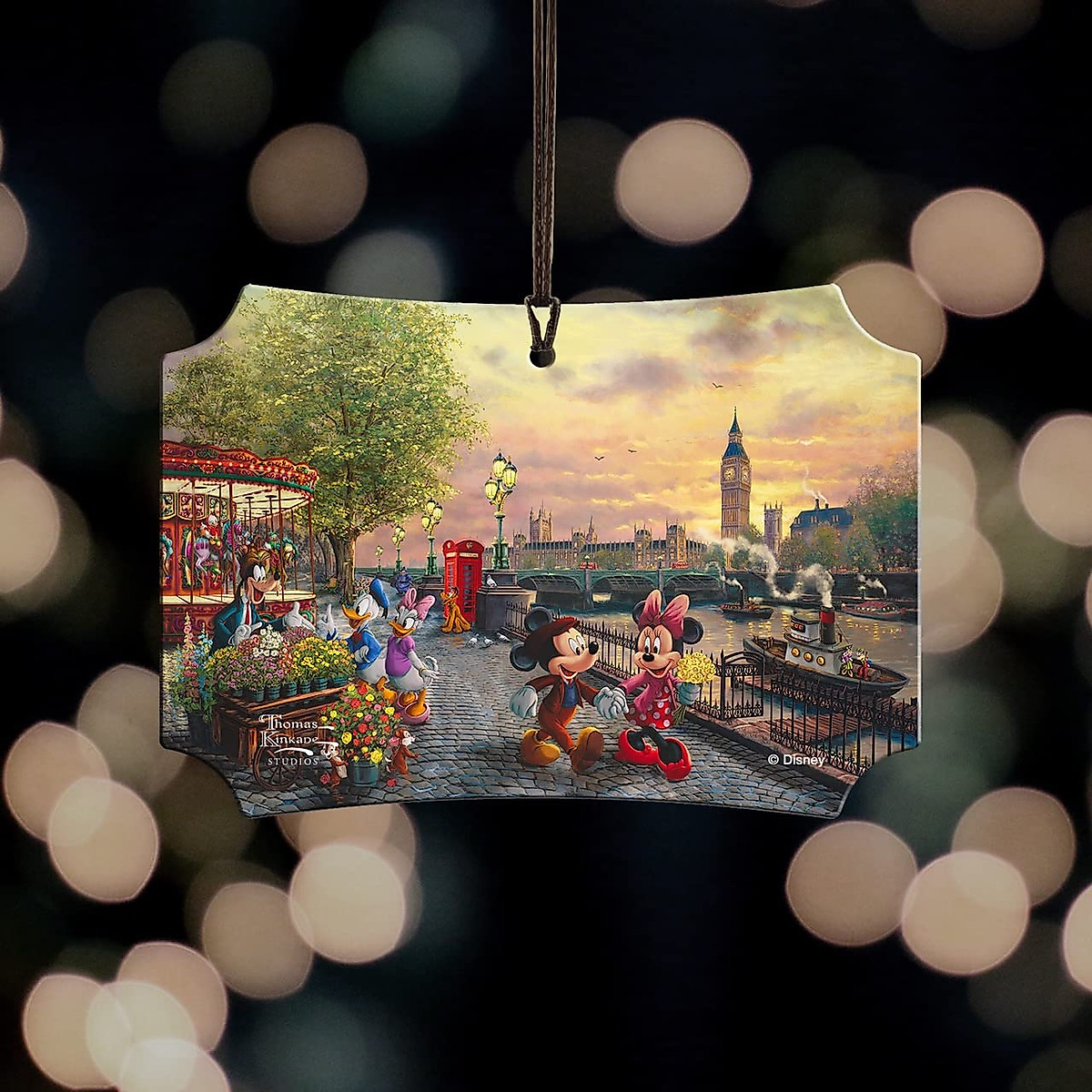 Disney – Mickey and Minnie Mouse in London - Thomas Kinkade Studios - This 4” x 2.5” Hanging Metal Print Accessory – Limited Edition Officially Licensed Collectible | Complimentary Velveteen Gift Bag