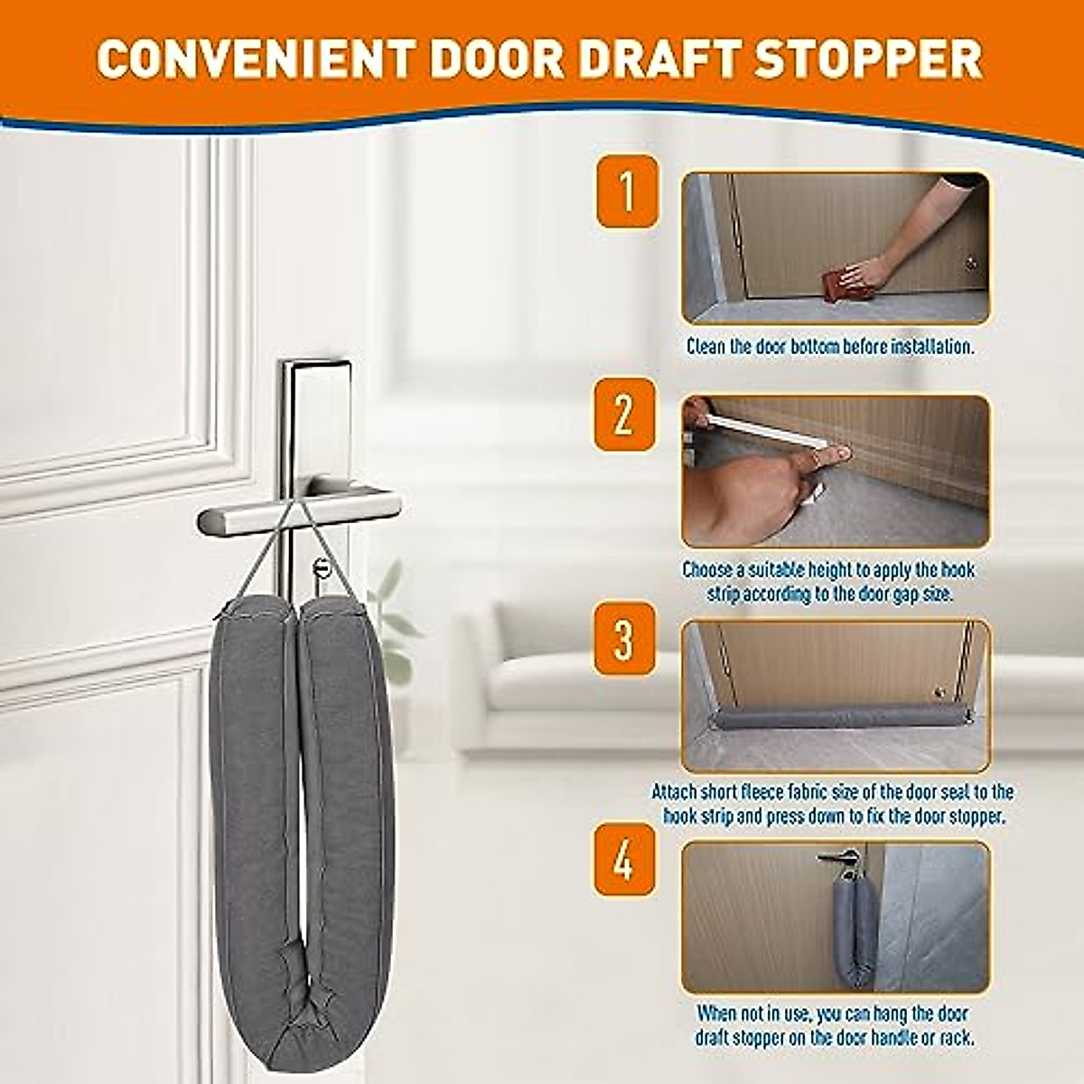 MAGZO Door Draft Stopper 32 Inches, Weighted Rectangle Door Snake for Winter Noise Blocker with Hook Loops,Gray