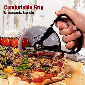 EZFries SaferKut Sharp Pizza Wheel Cutter by Safe on FINGERS Great for Non-Stick Pans – High Grade Thermo Plastic Blade with Easy-to-Use Ergonomic Design Handle