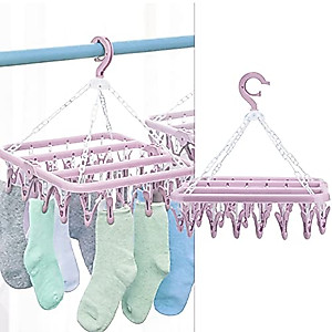 LOCKISH Foldable Laundry Hanger with 32 Clips，Sock Hanger Drying Rack,Laundry Clothespin Drying Rack for Socks Underwear Bras Scarf(Pink)