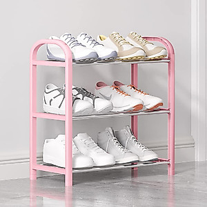 SHELAKET 3-Tier Small Shoe Rack, Lightweight 5-7 Pairs Shoe Shelf Storage Organizer,Sturdy Metal Standing Narrow Shoe Shelf for Closet Entryway Hallway(Pink)