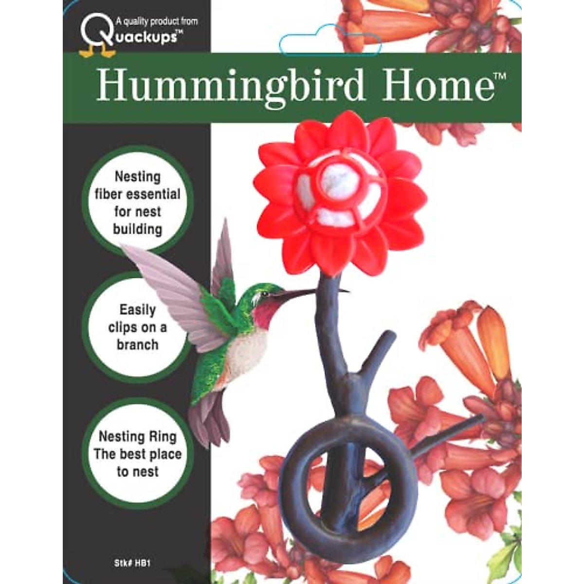 Quackups 5.5" Hummingbird Nesting Home with Nesting Fibers Enclosed in Red Flower, Easily Clips on Branch, Bushes for Outdoor Patio Garden