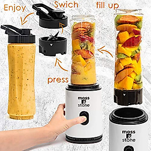 Moss & Stone Personal Blender Single Serve Shake & Smoothies Maker with Portable Travel Sport Bottle - Mini Juicer, Single Serve Blender for Smoothies and Shakes - Bottle 20 oz White & Black)