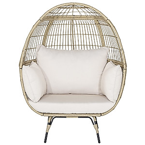 Tangkula PE Wicker Egg Chair, Patiojoy Oversized Indoor Outdoor Patio Lounge Chair with Cushions and Pillows, Steel Frame Basket Chair for Garden, Deck, Balcony, Living Room (Light Brown)