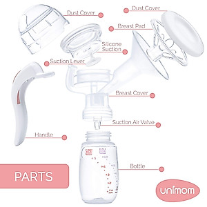 Unimom Manual Breast Pump with Soft Silicone Massaging Breast Shield – Ergonomic Rubber Handle - Includes Bottle and Stand - BPA Free – by Unimom