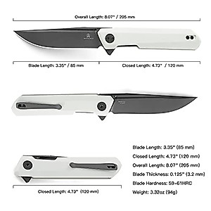 BESTECHMAN Dundee Pocket Folder Folding Knife: 3.35" D2 Steel Grey Titanized Blade, G10 Scales, EDC Reversible Deep Clip, BMK01I (White Handle)