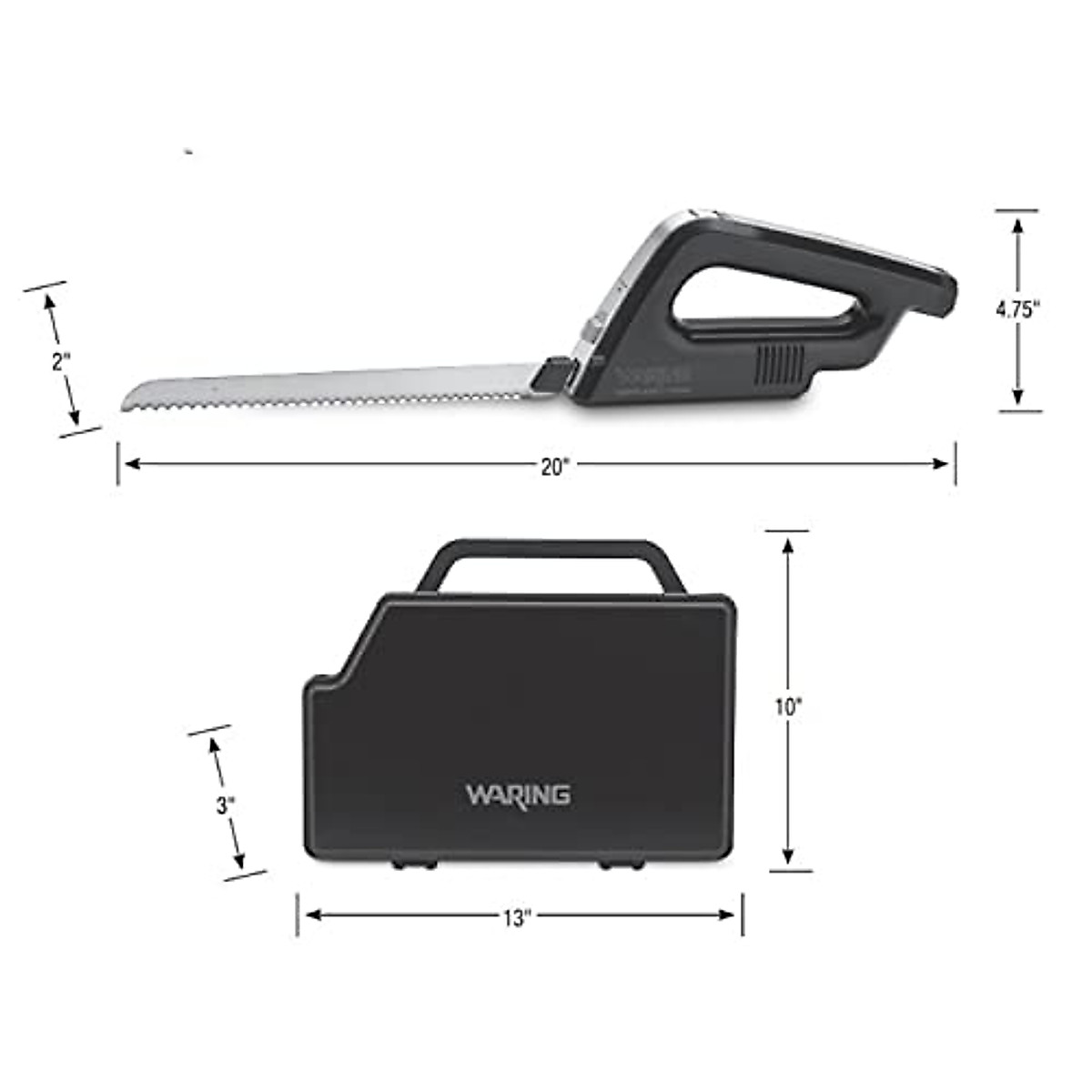 Waring Commercial WEK200 Cordless Rechargeable Electric Knife w/Bread and Carving Blades, Includes Case, 120V, 5-15 Phase Plug, Black