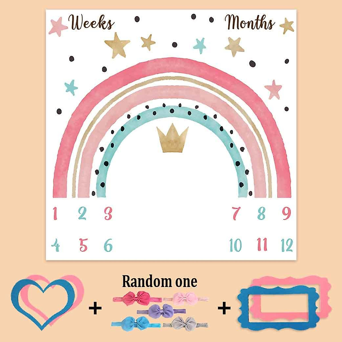 PHMOJEN Colorful Rainbow Baby Monthly Milestone Blanket, Girl Crown Star Pattern, Newborns 1 to 12 Months Unisex Include 4 Frames and 1 Headband 47"x47" BTLSPH634