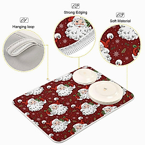 Christmas Santa Claus Red Dish Drying Mat for Kitchen Winter Snowflake Xmas Microfiber Drying Mats Absorbent Reversible Dish Pad Medium Dish Draining Mat 16x18 inch