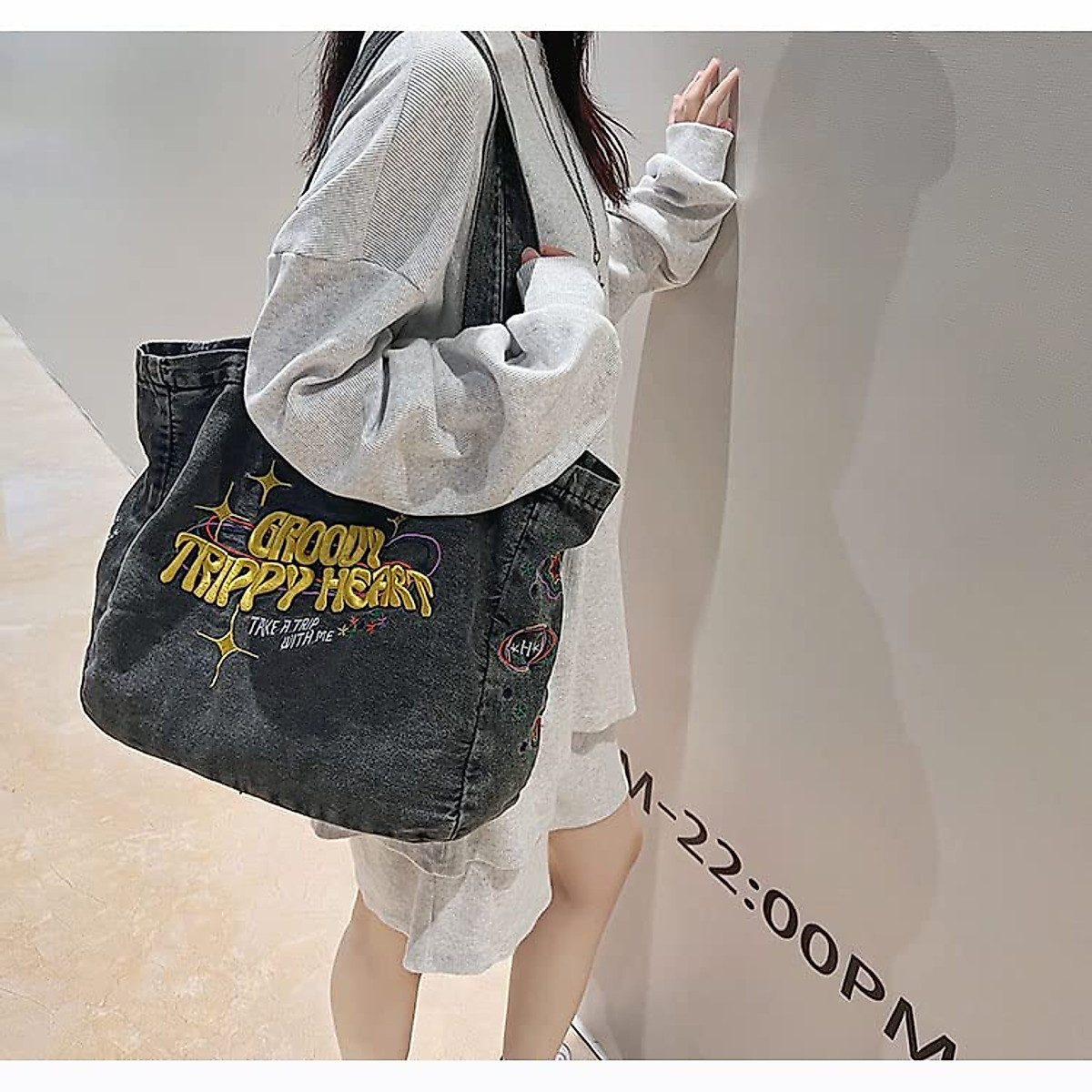 Embroidered Canvas Tote Bag, Denim Shoulder Bag With Zipper, Large Capacity Wallet, Denim Canvas Tote Bag (Black)