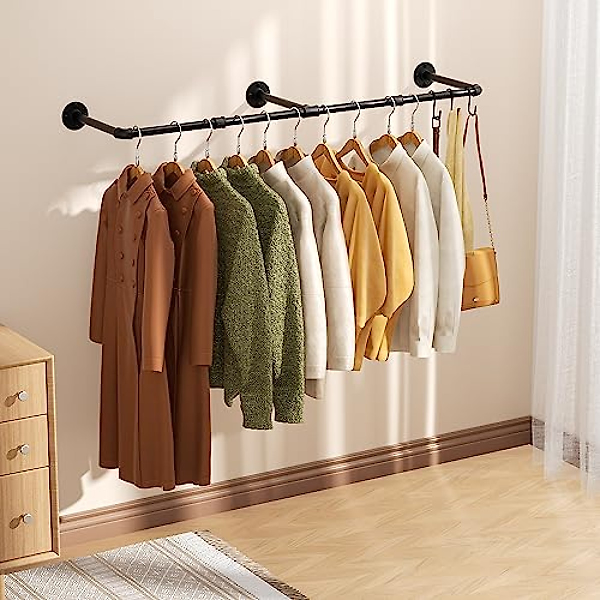 Vintage Clothes Rack, 48" Industrial Pipe Wall Mount Garment Rack, Space-Saving Heavy Duty Clothes Hanger for Closet Storage, 3 Bases, 1-Pack with 6 S-Hooks, Industrial Pipe Wall Mounted Closet Rod