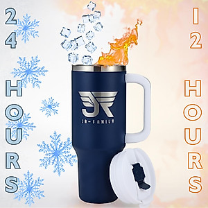 JR-FAMILY 40oz Spill Proof Tumbler with Lid Straw and Handle, Stainless Steel Insulated Travel Coffee Mug, Cup Holder Friendly, Easy Clean, Gifts for Women Men - Navy Blue