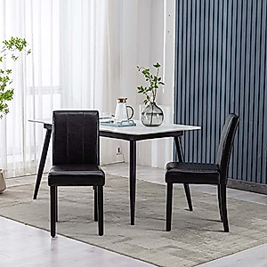 FUNESI PU Leather Upholstered Dining Chair, Armless Parsons Chair with Black Solid Wood Legs Set of 2（Black