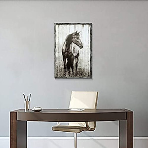 Horse Print Rustic Framed Painting: Gray Wildlife Animal Wooden Wall Art Portrait Picture Decor Artwork for Bedroom Farmhouse 24"x36"