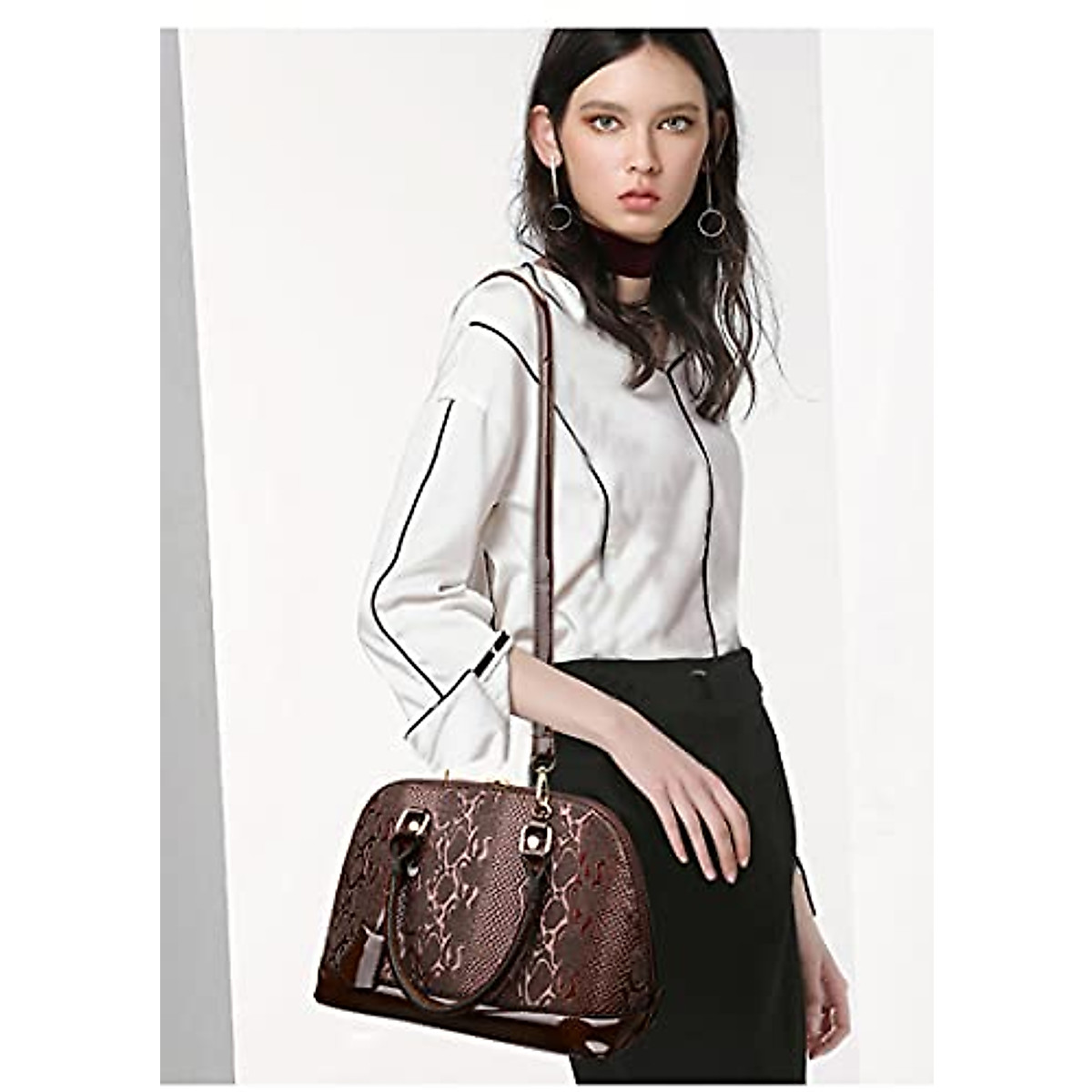 Patent Leather Handbag Crocodile Pattern Top Handle Purse Shell Bag Come with Wallet (Black)