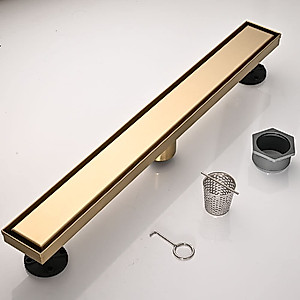 AVSIILE Linear Shower Floor Drain, Brushed Gold 24 Inch 304 Stainless Steel Bathroom Drains Kit, Rectangular Shower Trench Drain with Reversable Tile-in Pattern Drain Cover & Hair Catcher