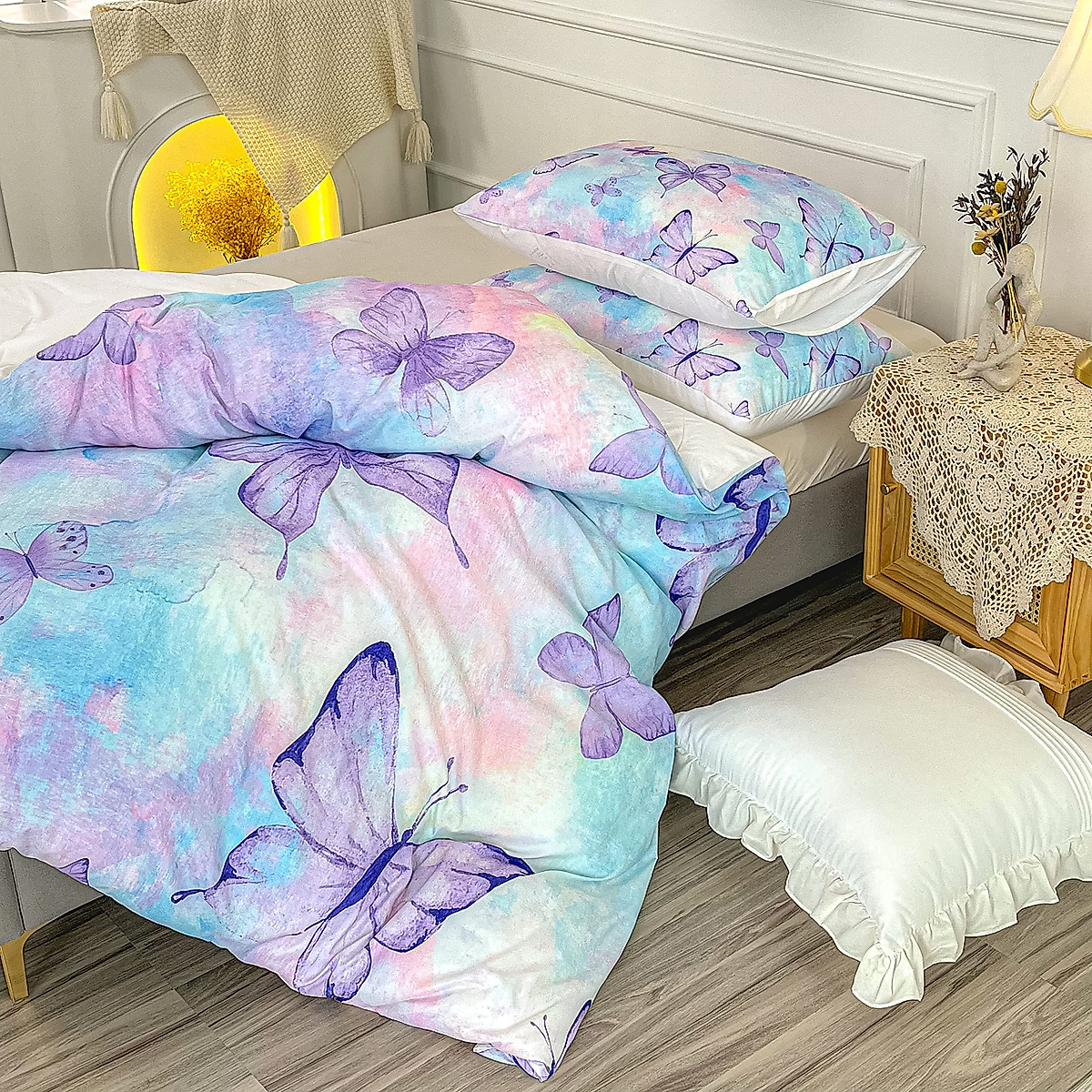 CVHOUSE Butterfly Bedding Queen Size,Rainbow Set for Girls Kids Teens,Rainbow Comforter Cover Soft,1 Duvet 2 Pillowcases 3 Piece,Girls Room Decor Queen 89'x89'